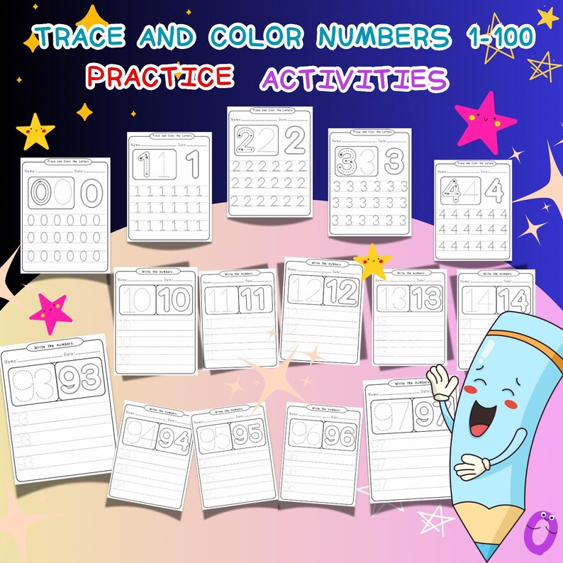 Trace & Color Numbers 1–100 Worksheets | Preschool Kindergarten ...
