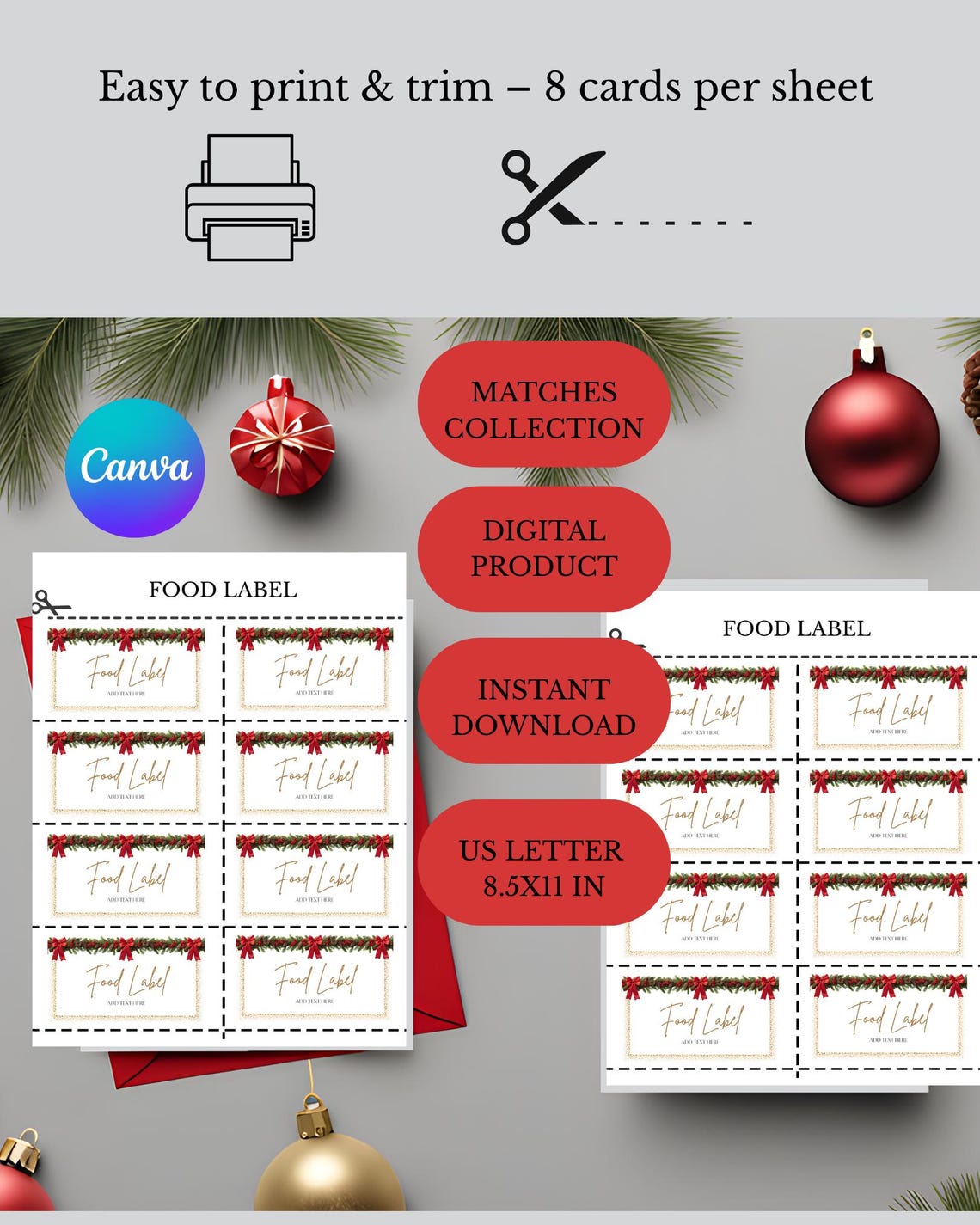 Gold Christmas Food Label Template: Holiday Buffet Decor (digital ...