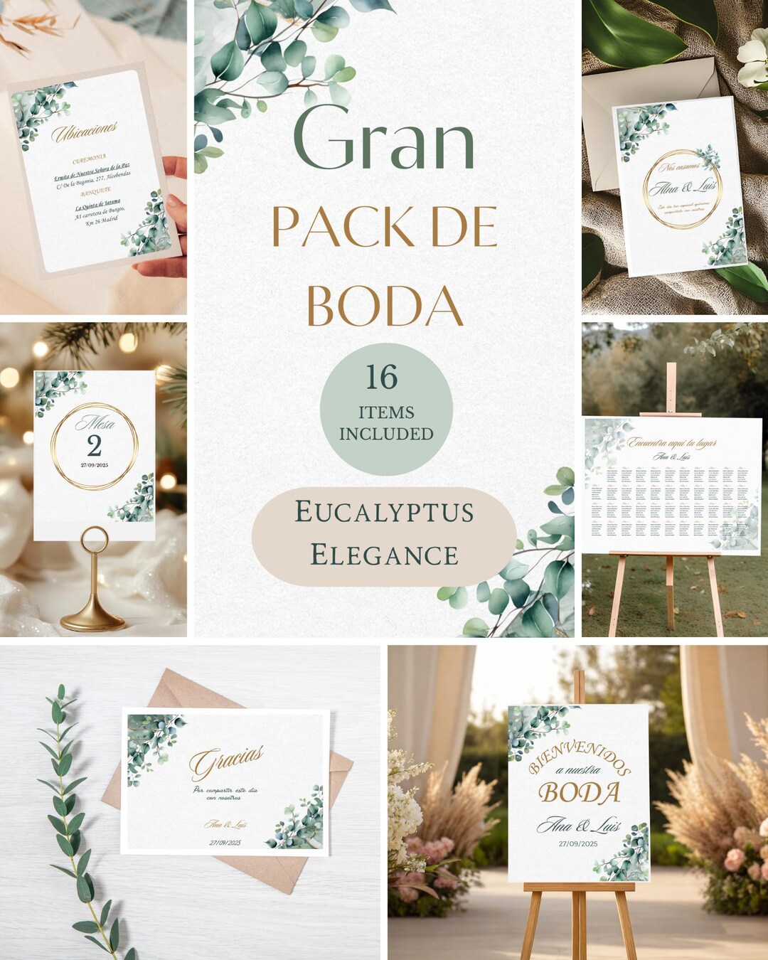Eucalyptus Wedding Stationery Bundle: Green & Gold, Spanish (canva ...