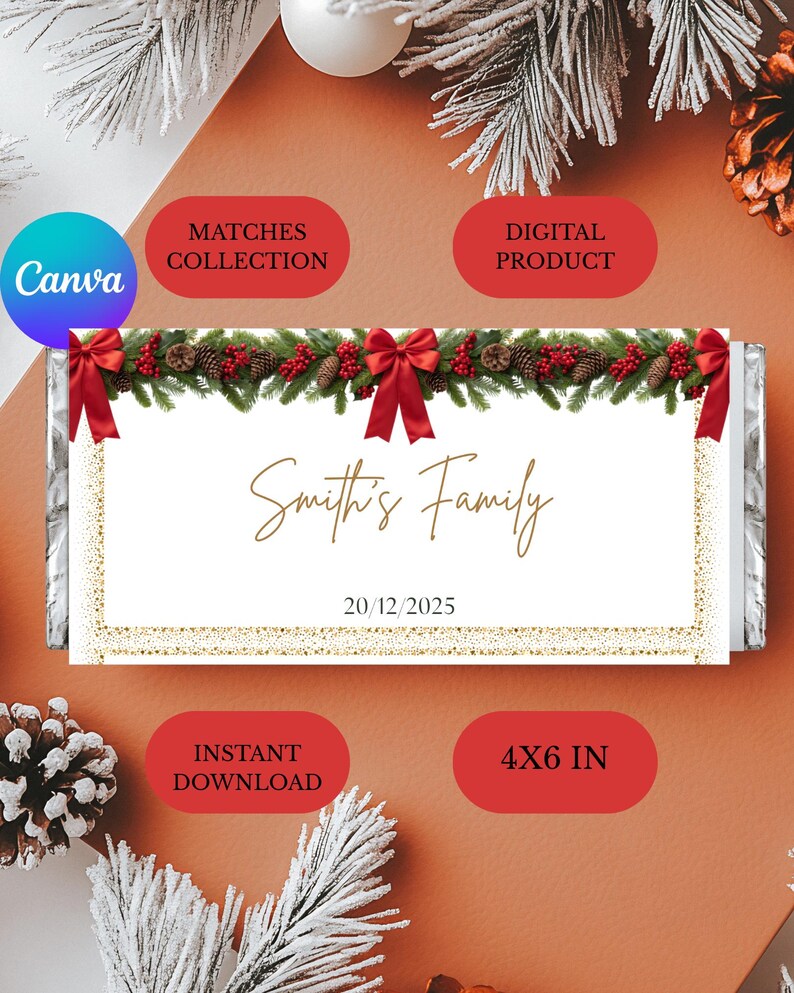 Christmas Candy Bar Wrapper Template: Gold Sparkle, 4x6 (editable Canva ...