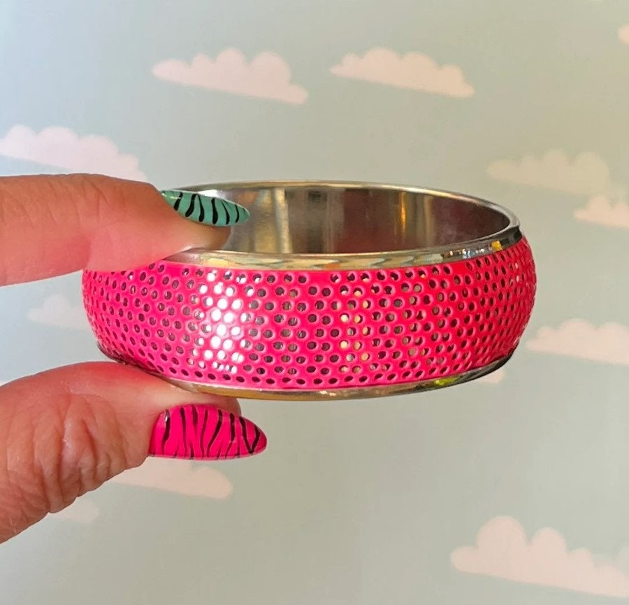 Vintage 80s 90s Neon Pink Metal Bangles Set Double 2 Piece Set New Wave ...