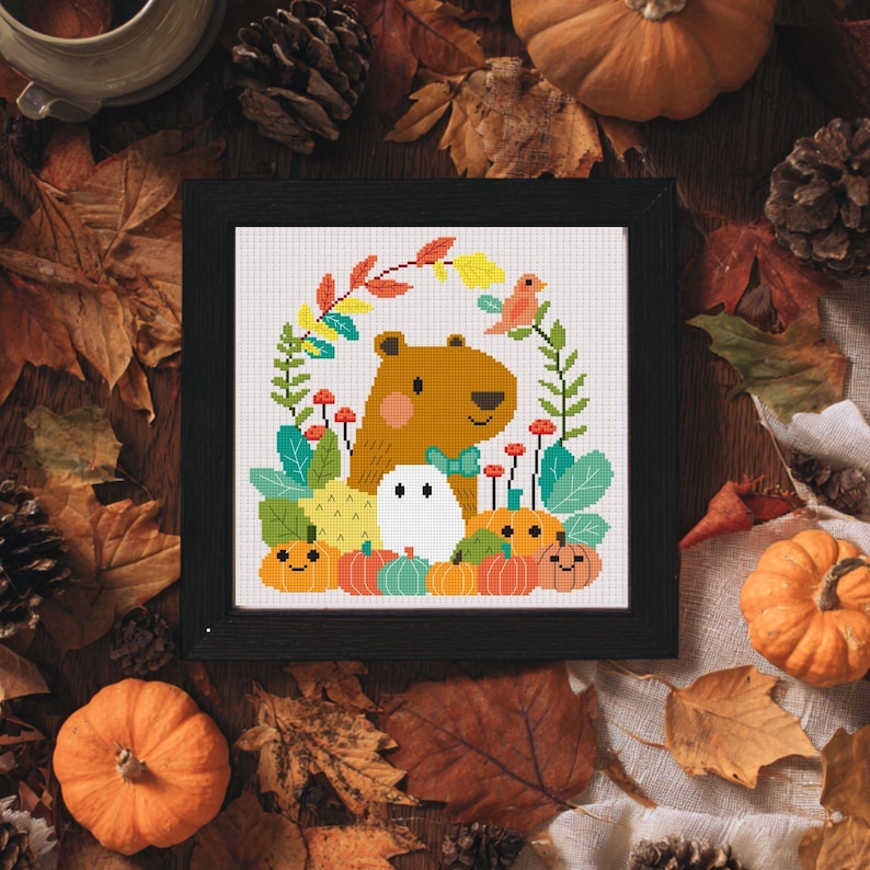 Autumn Capybara Cross Stitch PDF Pattern | Cute Fall Embroidery Chart ...