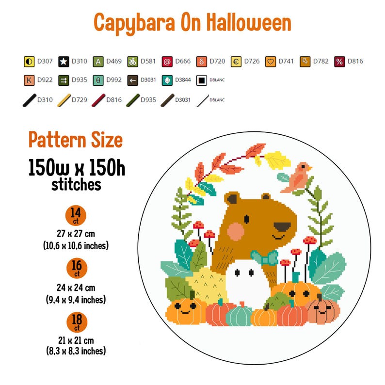 Autumn Capybara Cross Stitch PDF Pattern | Cute Fall Embroidery Chart ...