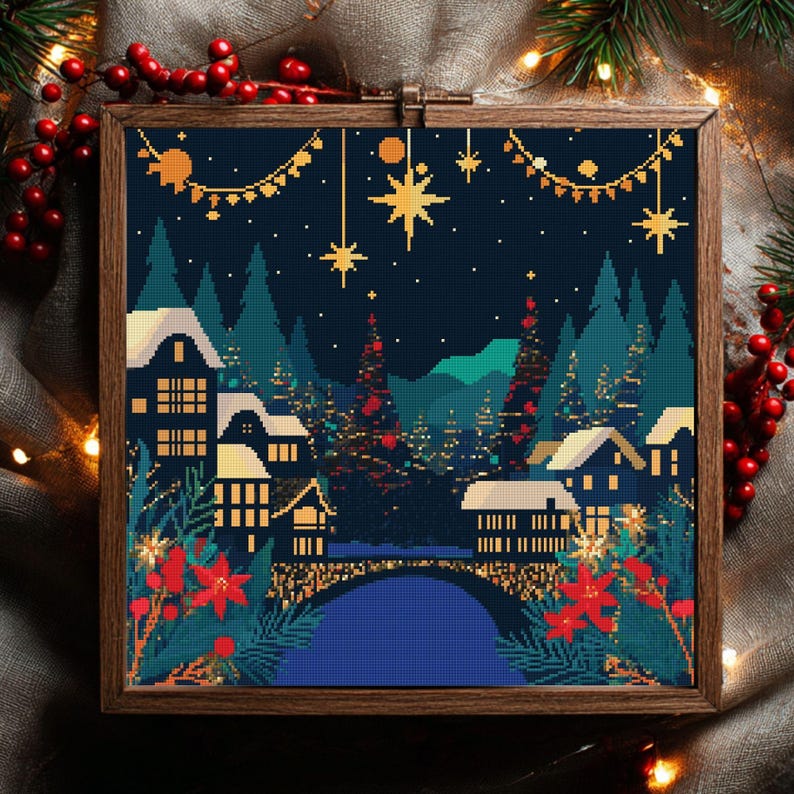 Christmas Village Cross Stitch PDF Pattern | Nighttime Winter Town ...