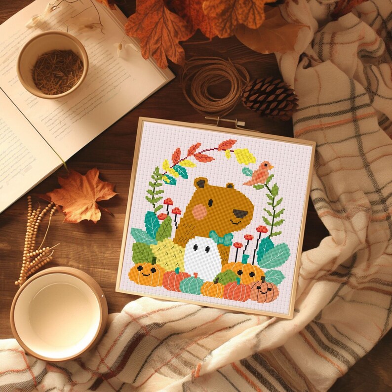 Autumn Capybara Cross Stitch PDF Pattern | Cute Fall Embroidery Chart ...