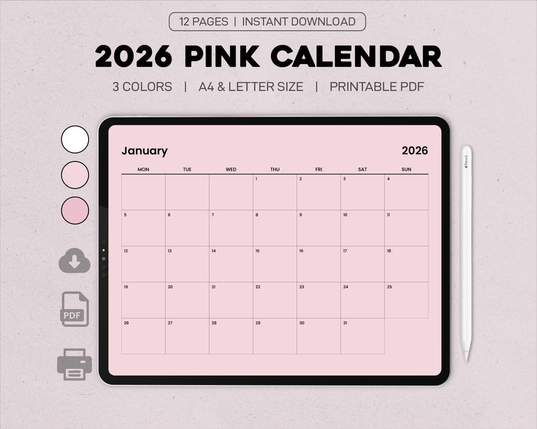 2026 Pink Monthly Calendar Printable | PDF Calendar A4 & Letter Size ...