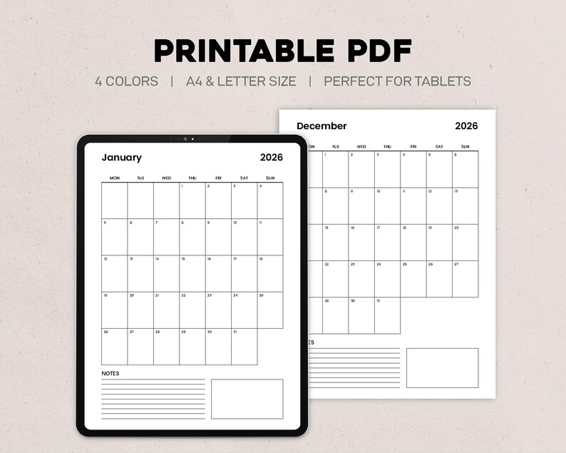 2026 Monthly Calendar Printable | PDF Calendar A4 & Letter Size ...