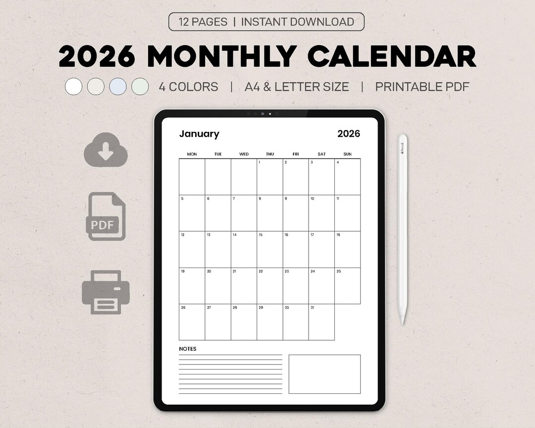 2026 Monthly Calendar Printable | PDF Calendar A4 & Letter Size ...