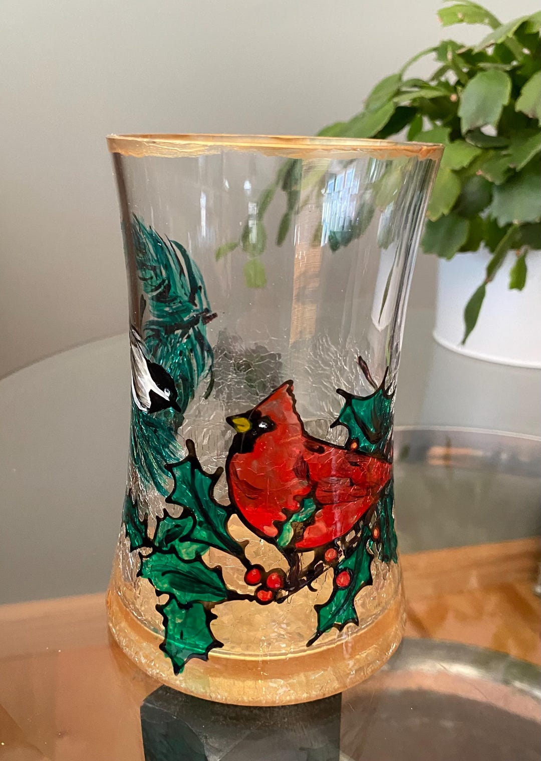 Cardinal and Chickadee Vase, Painted Glass Vase, Unique Gift, Floral - Etsy