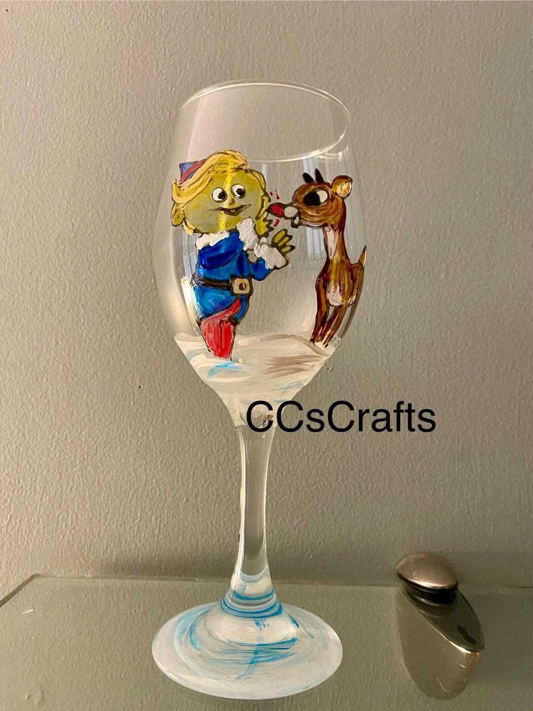 Wine Glass, Rudolph Wine Glass, Rudolph & Hermie, Holiday Gift, Hand ...