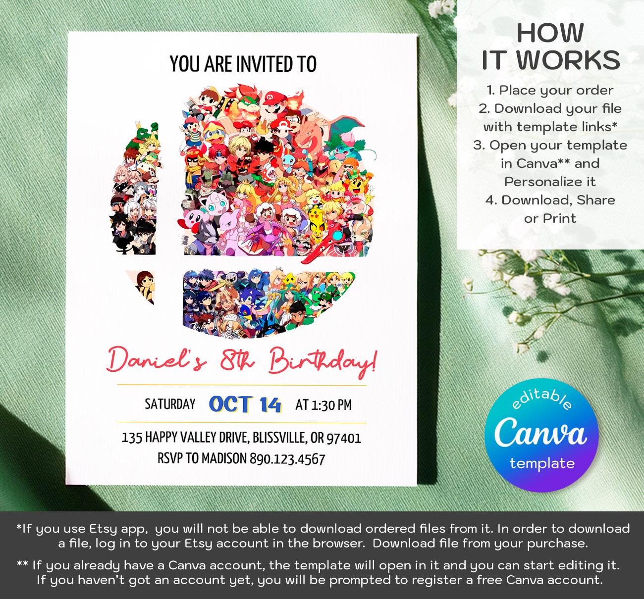 Printable Smash Bros Invitation, Fighting Birthday Invite, Editable ...