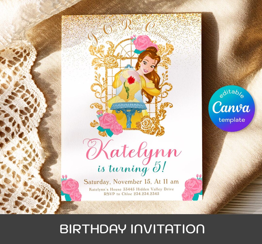 Princess Belle Birthday Invitation, Girl Editable Invite Template ...