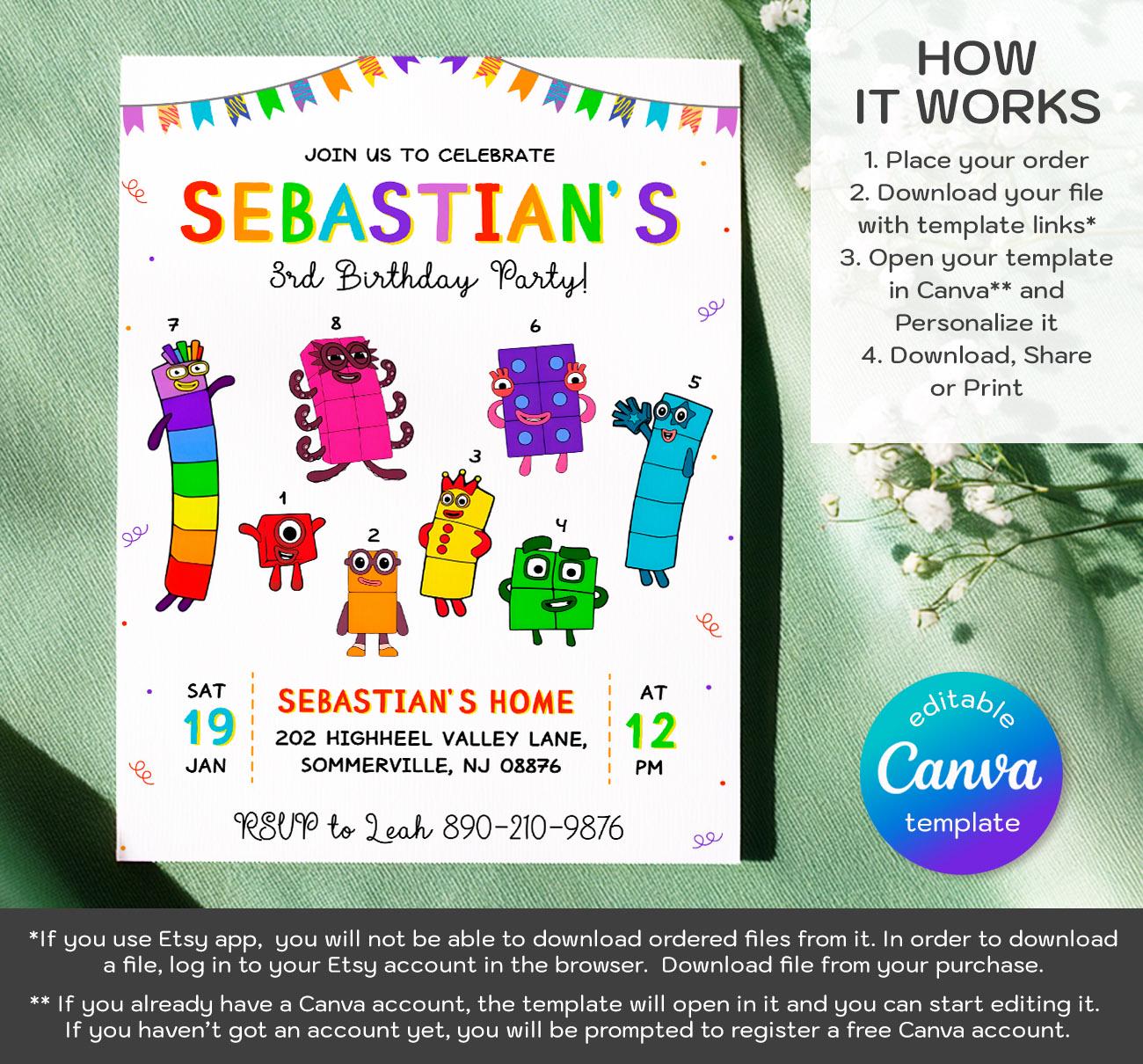 Numberblocks Birthday Invitation, Editable Printable Invitation ...