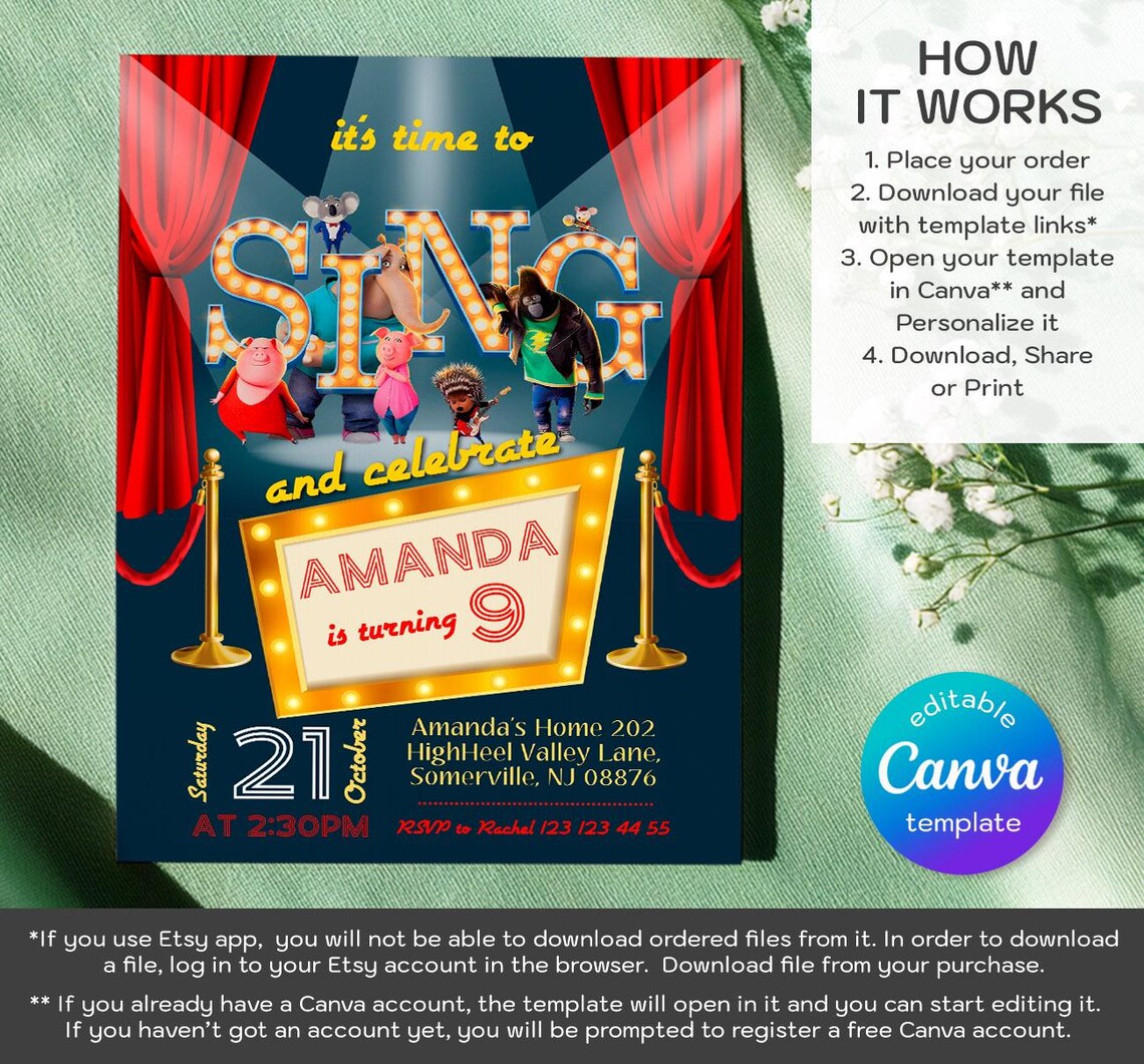 Editable Singer Invitation, Printable Sing 2 Birthday Invitation ...
