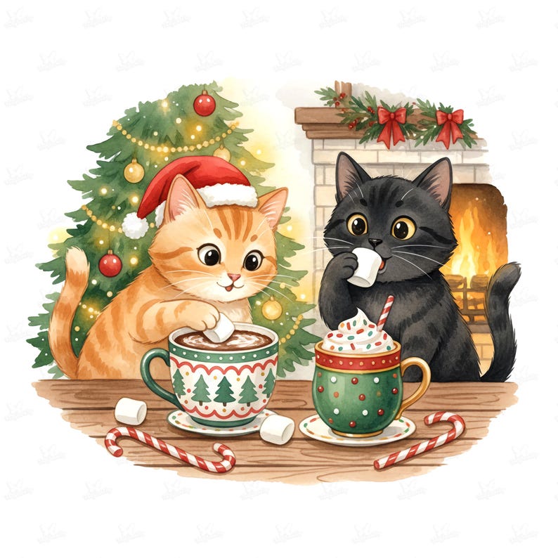 Christmas Cat Watercolor Clipart: Holiday Cocoa PNG (digital Download ...