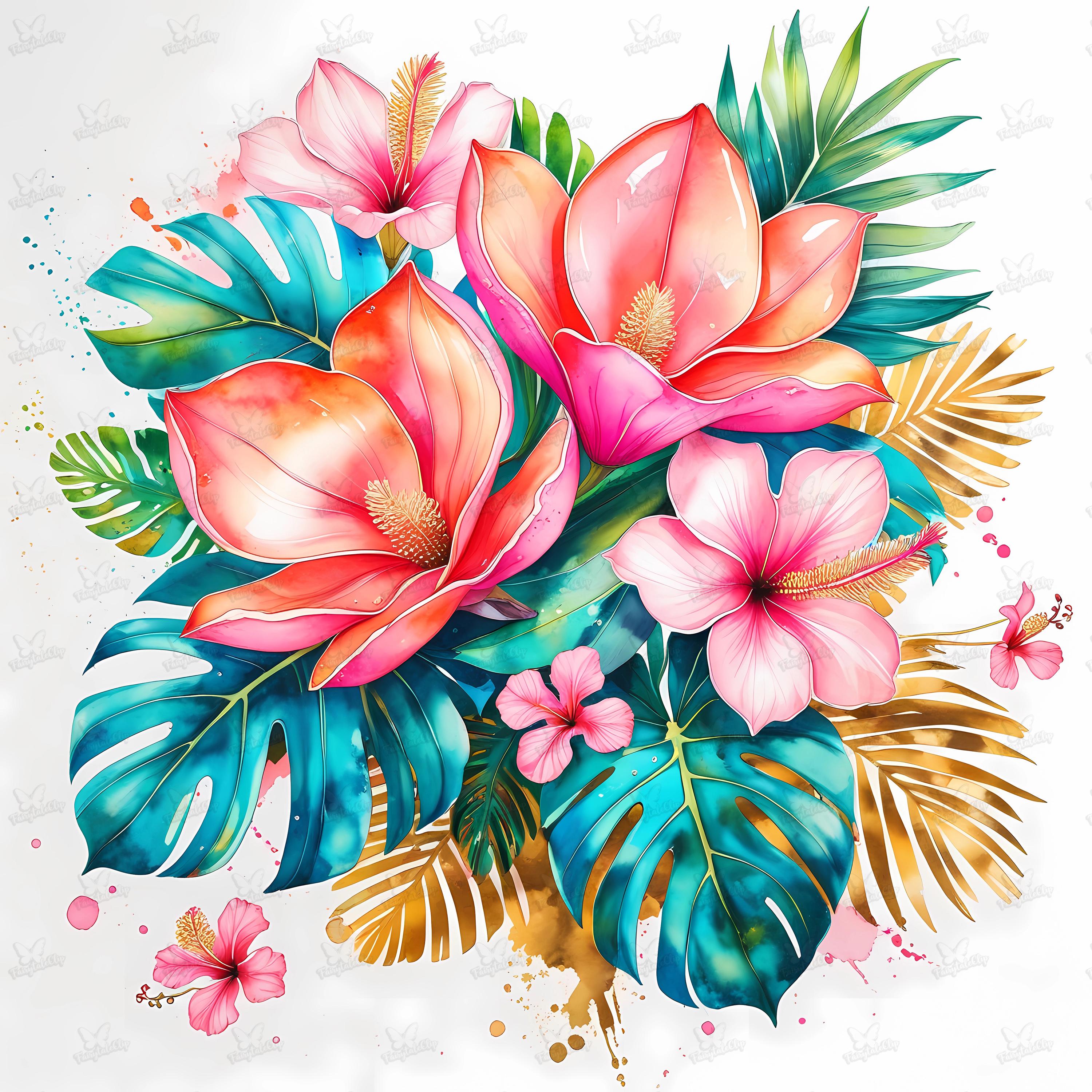 18 Neon Tropical Magnolia Bouquet Watercolor Clip Art | Exotic Summer ...