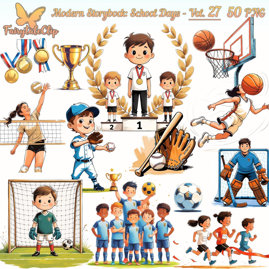 School Sports Clipart (50 PNG) Vol. 27 | Vintage Storybook P.E. Class ...