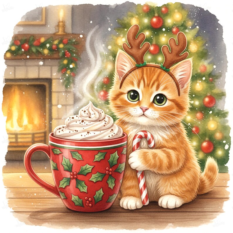 Christmas Cat Watercolor Clipart: Holiday Cocoa PNG (digital Download ...