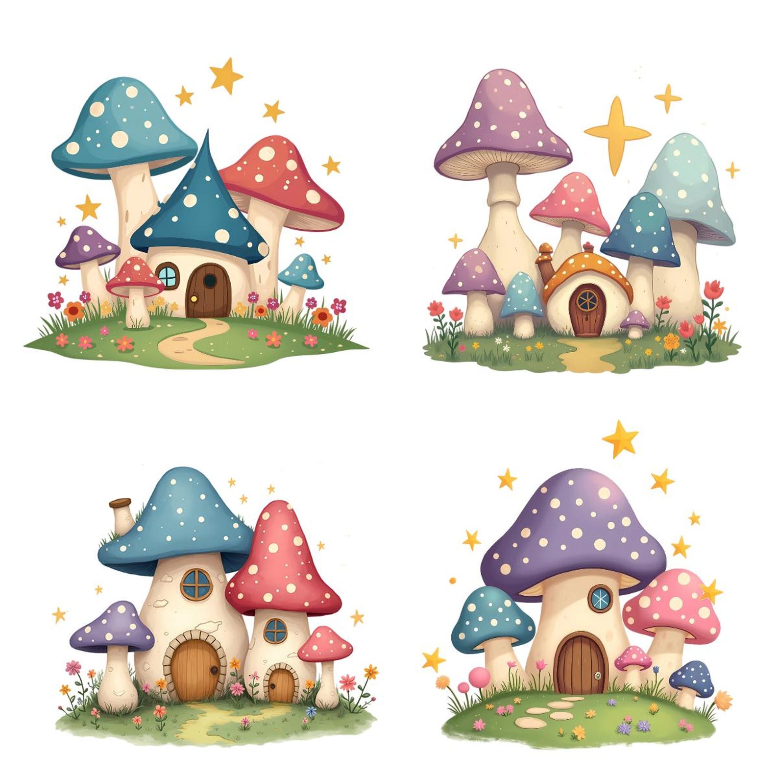 21 Whimsical Fairy Mushroom House Clipart, Cute Kids Room Wall Art ...