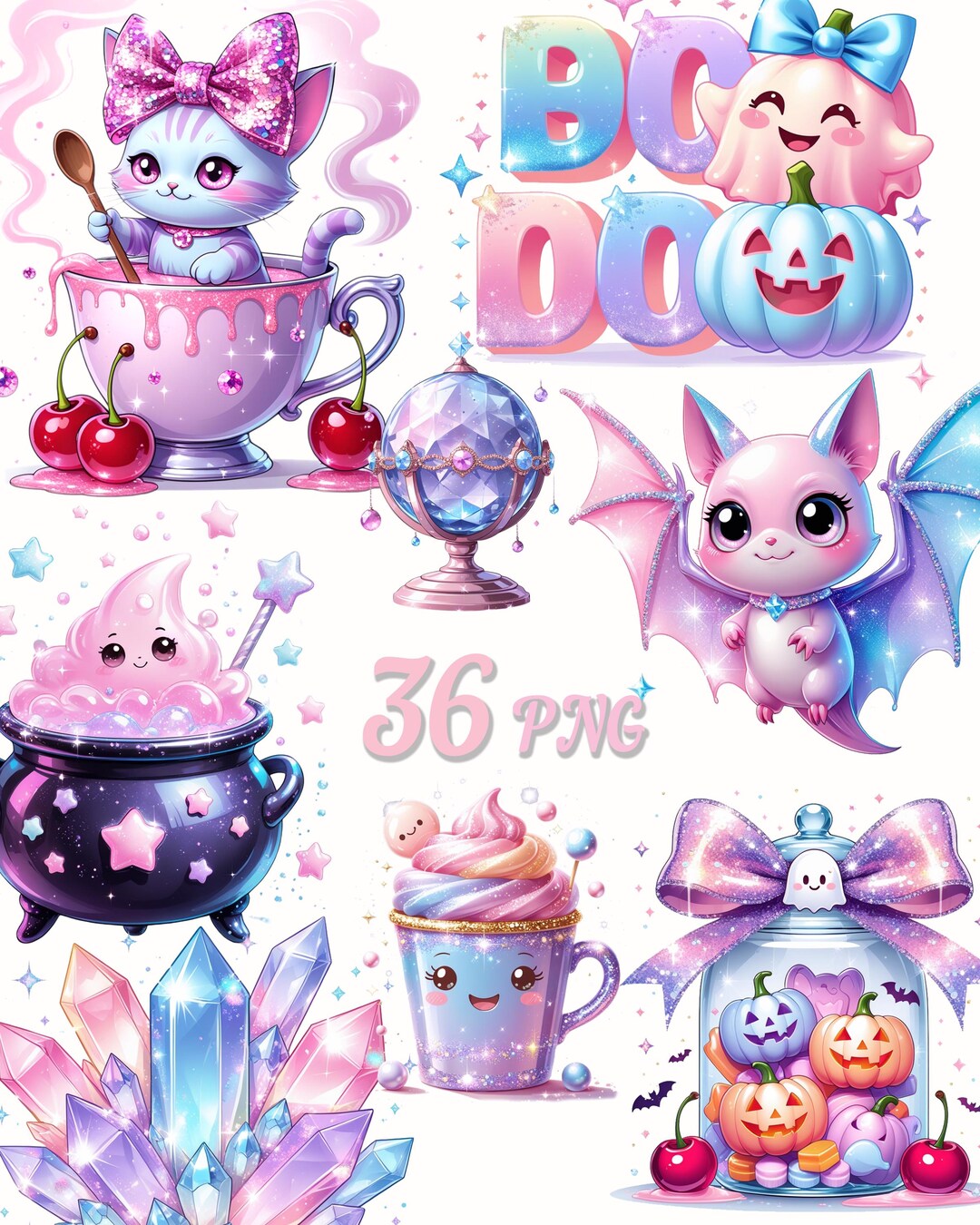 Pink Halloween Clipart Bundle: Kawaii Spooky Art (36 PNG) (digital ...