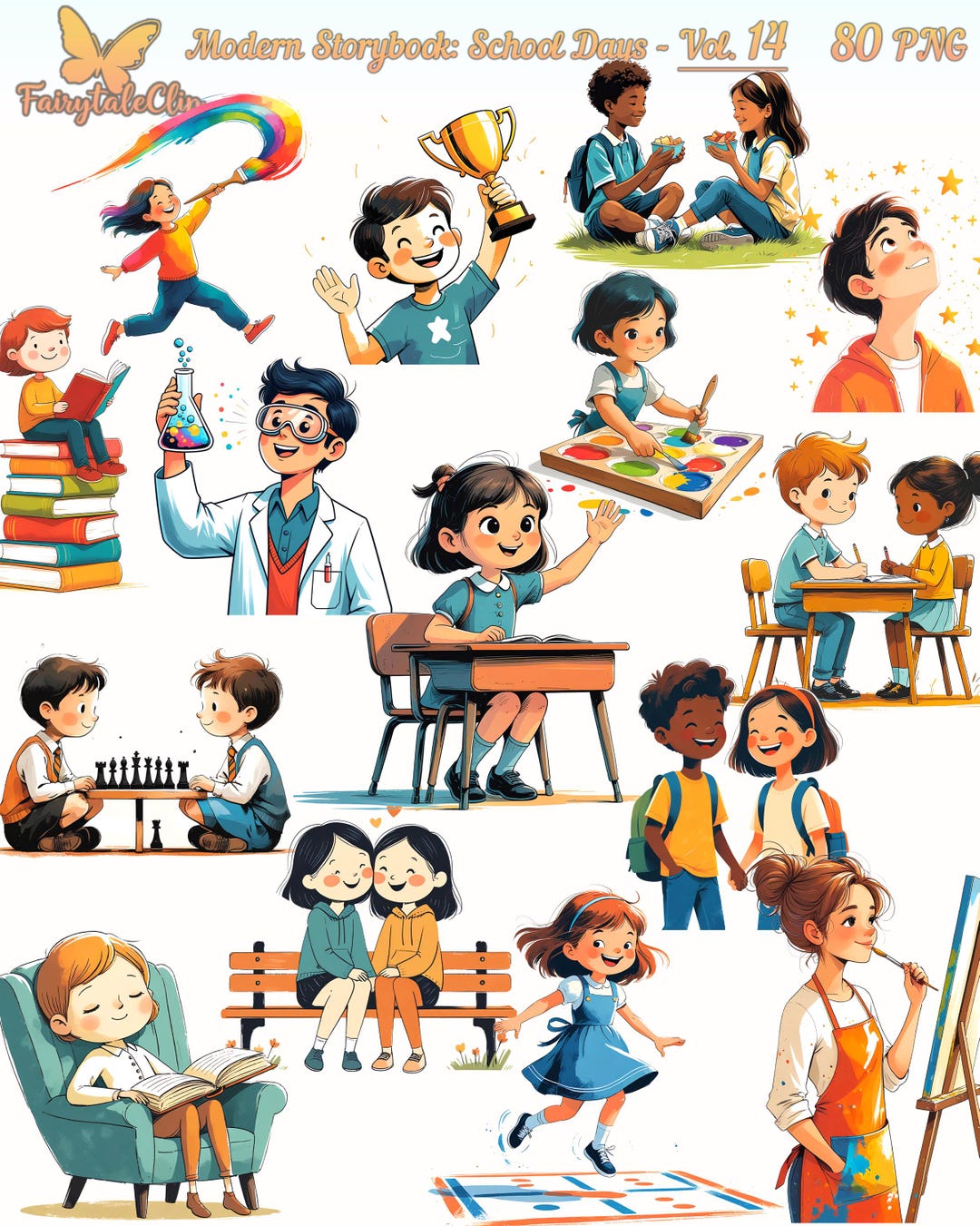 Diverse Student Clipart: Vintage Storybook Kids, School Scenes (80 PNG ...
