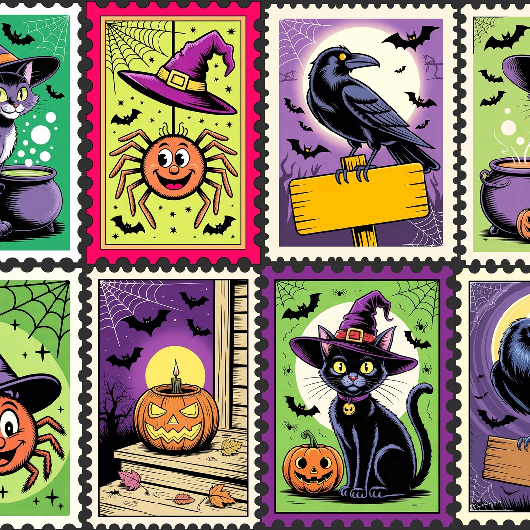 Witchy Halloween Stamps: Black Cat, Crow & Pumpkin Art (12 PNG) - Etsy