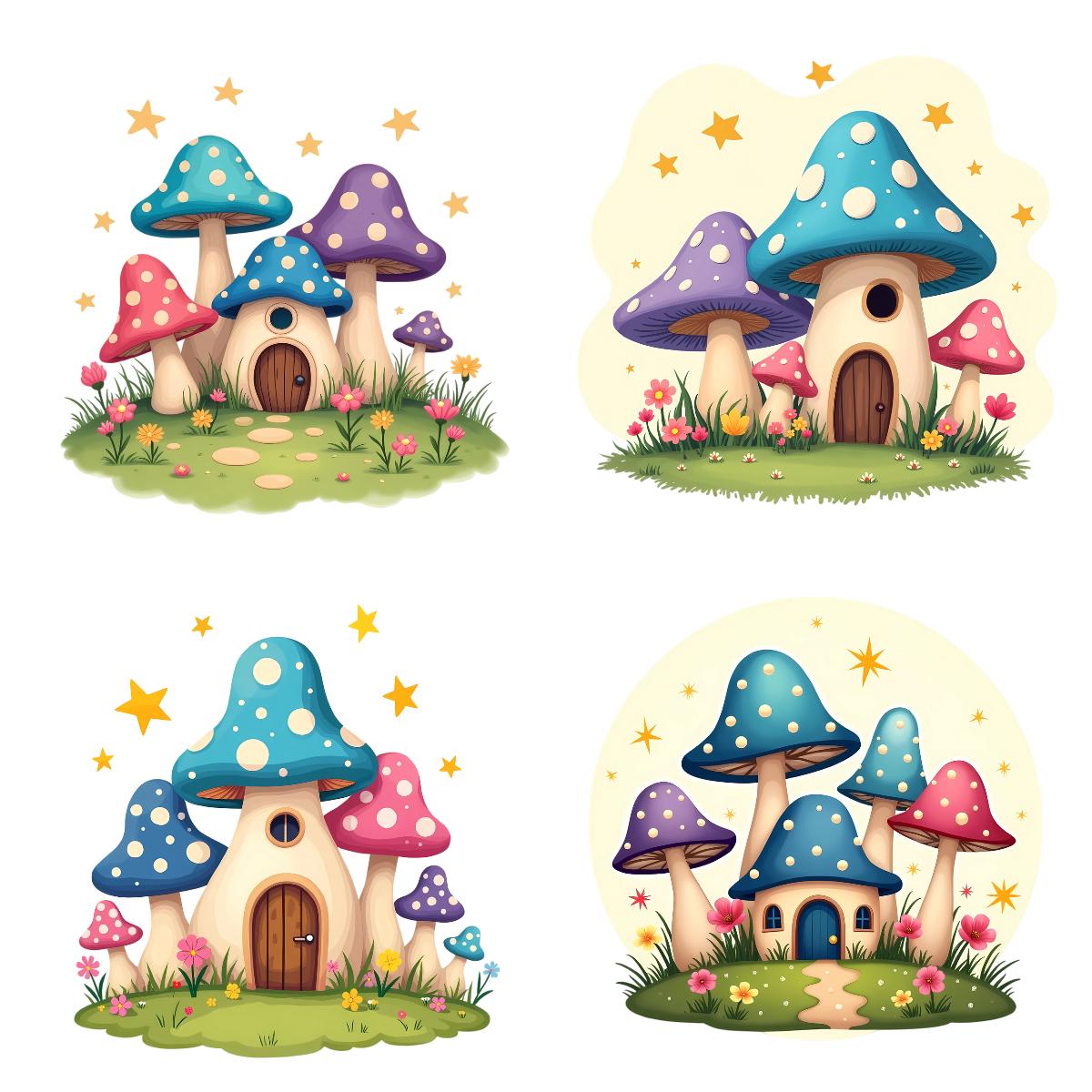 21 Whimsical Fairy Mushroom House Clipart, Cute Kids Room Wall Art ...