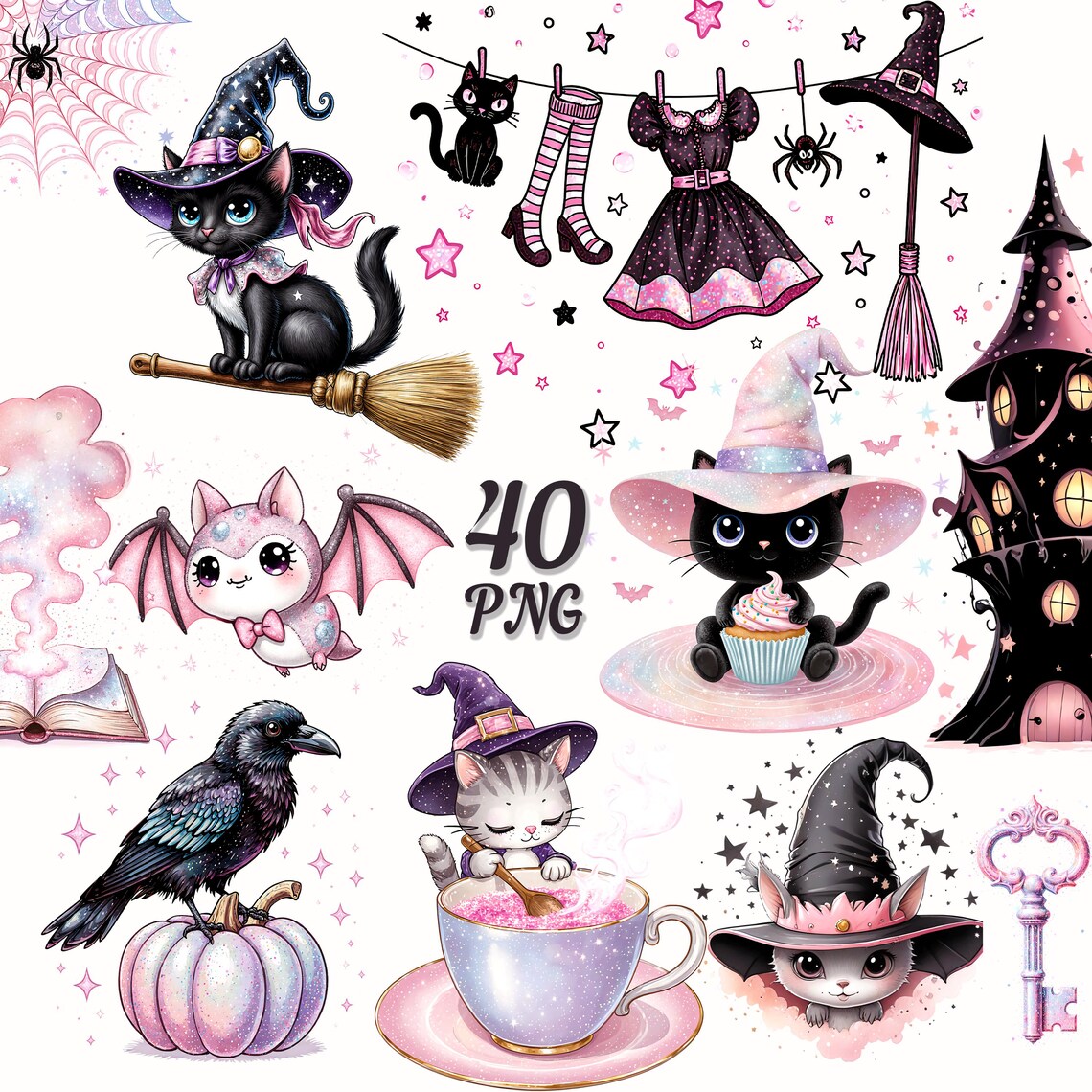 Pastel Halloween Clipart Set With Magical Witches and Cat (40 PNG) - Etsy