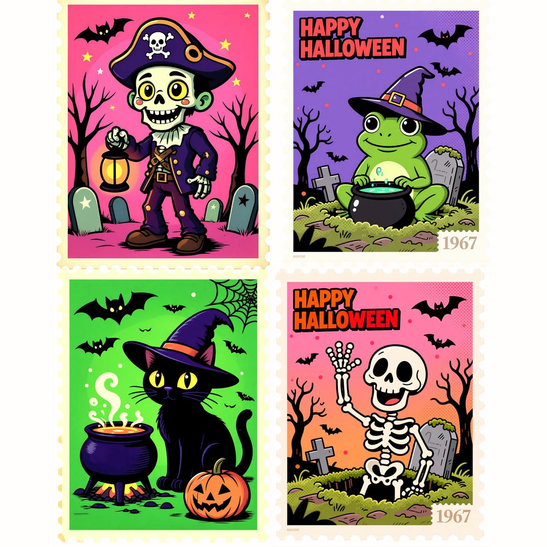 Retro Halloween Stamps: Printable Spooky Ephemera for Junk Journal (12 ...