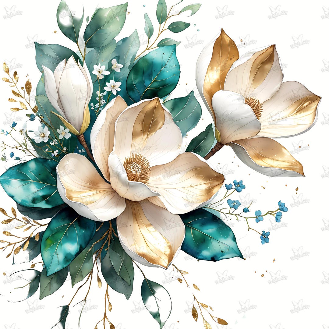 Luxurious Watercolor Clipart: Ivory Emerald Floral Bouquet (15 PNG ...