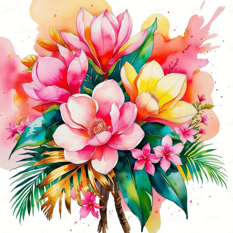 15 Floral Watercolor Clipart "tropical Magnolia" With Golden Patina ...