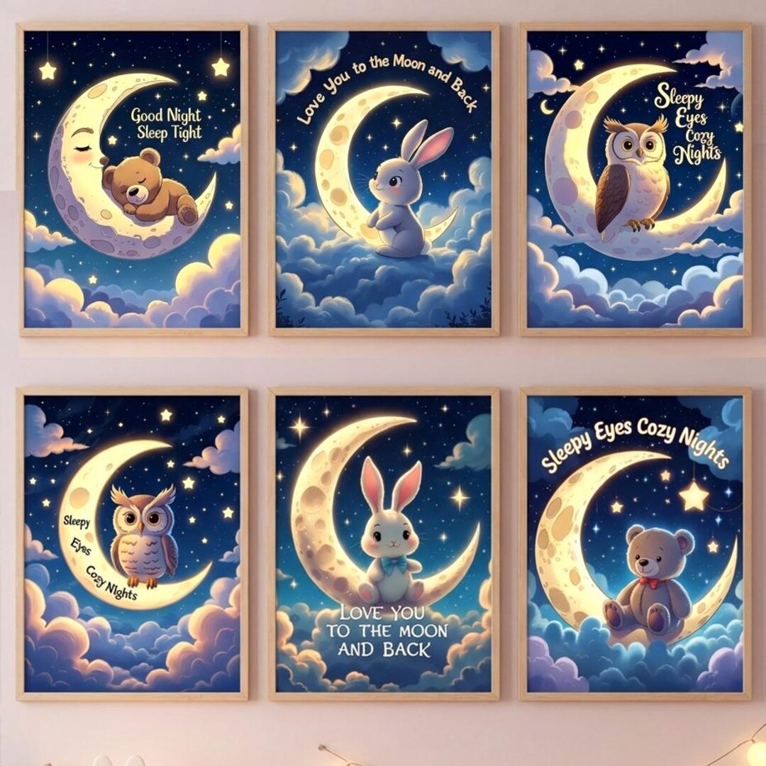 15 Nursery Animal Posters With Quotes, Teddy Bear Cat Bunny Owl on Moon ...