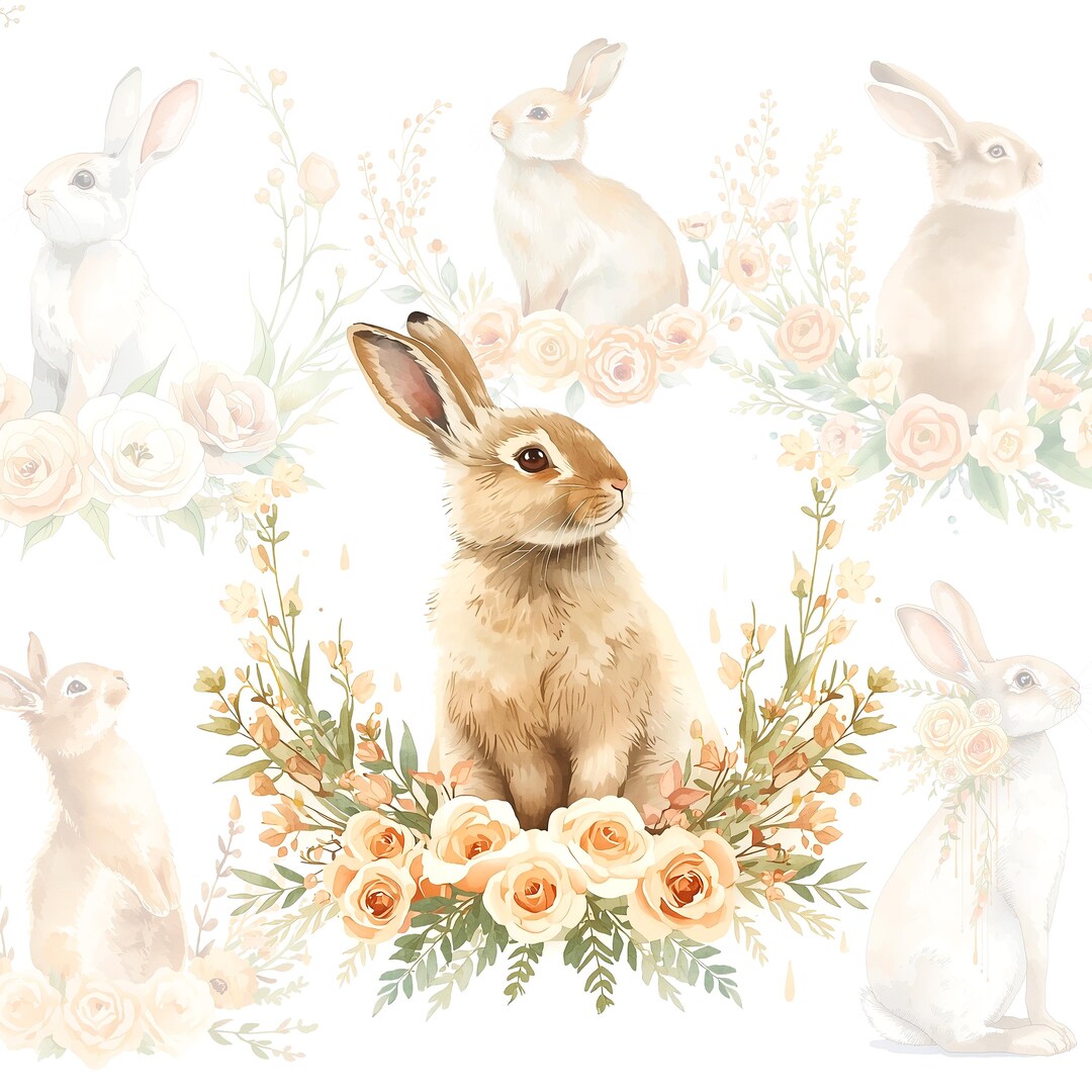 16 Watercolor Vintage Easter Bunny PNG, Shabby Chic Rabbit Floral ...