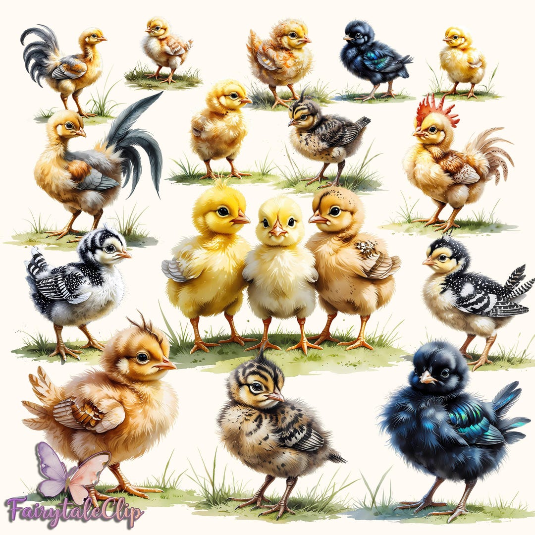 Cute Baby Chicks Clipart, Watercolor Chickens 25 PNG, Farm Animals ...