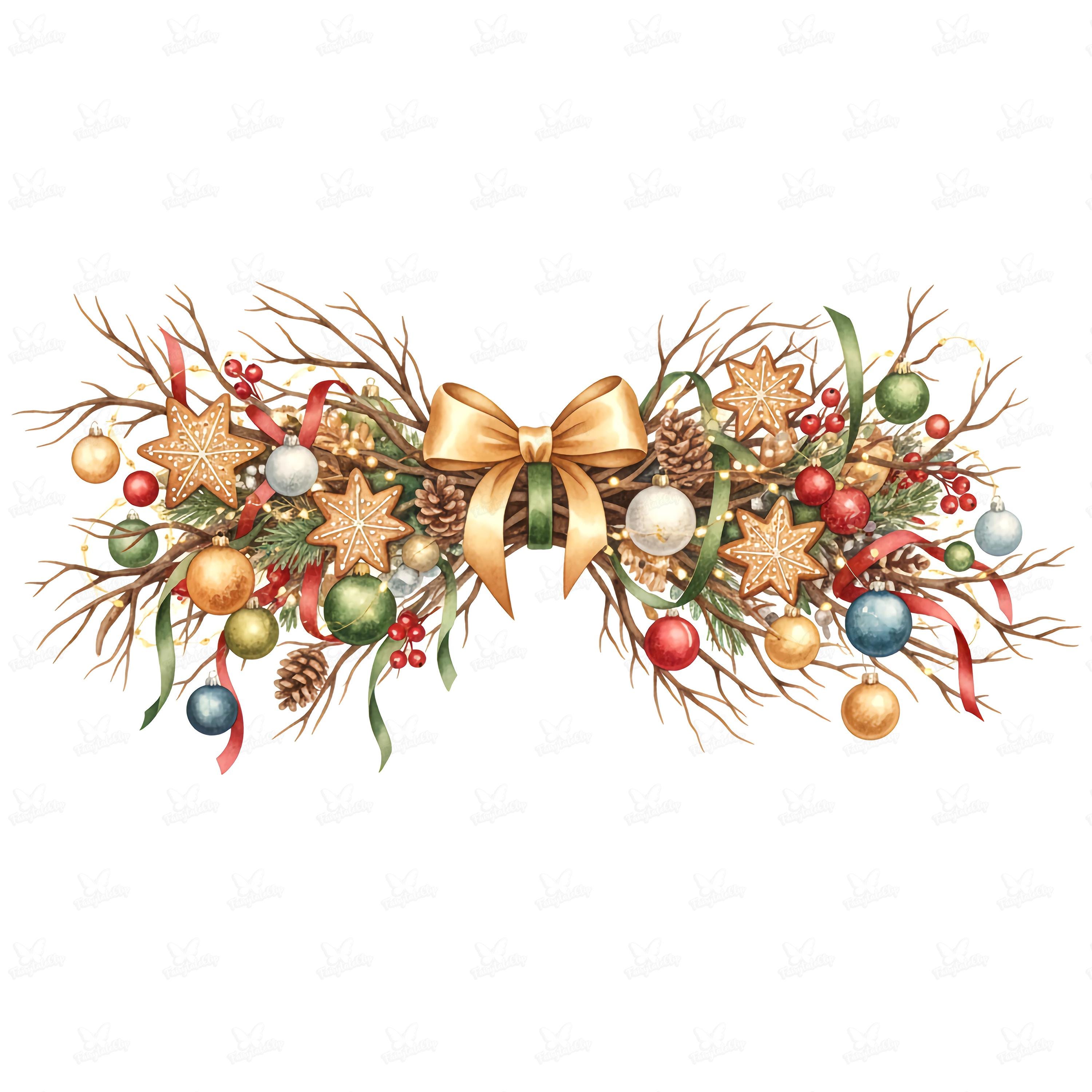 Cozy Watercolor Christmas Wreath Clipart | Rustic Fir Branch, Lights ...