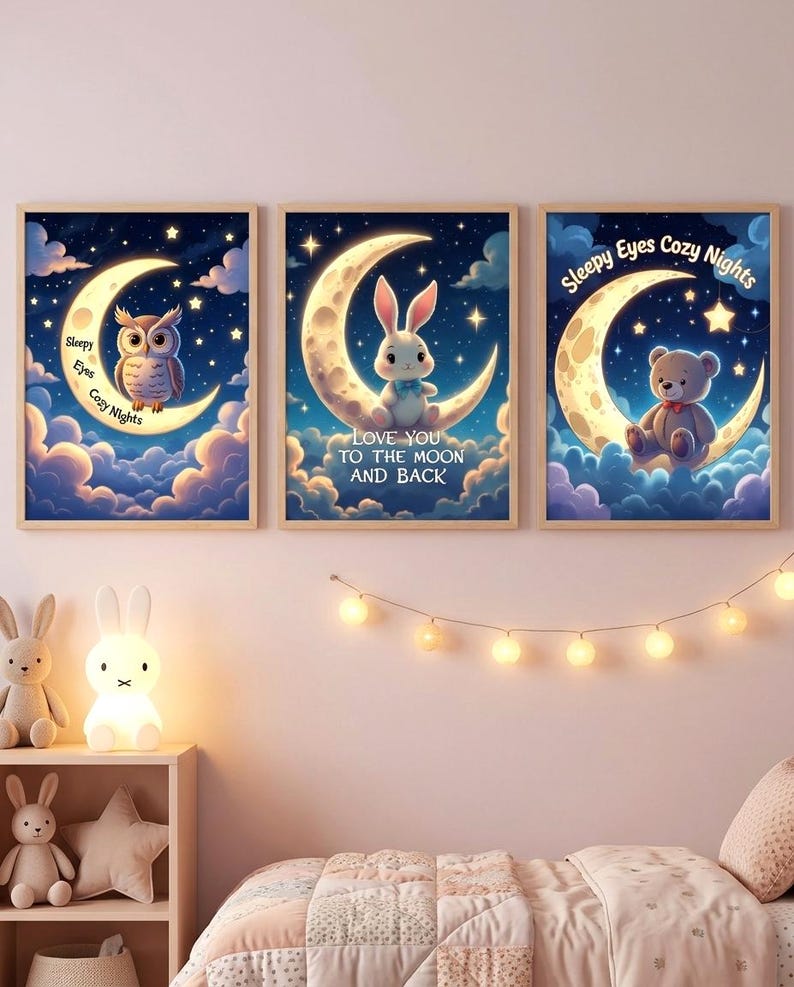 15 Nursery Animal Posters With Quotes, Teddy Bear Cat Bunny Owl on Moon ...