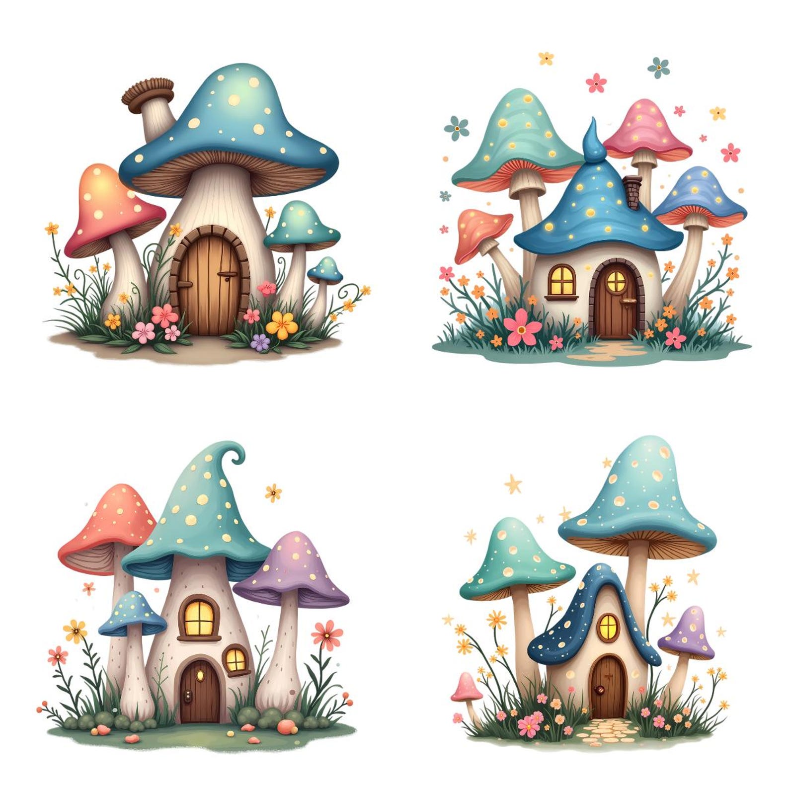 21 Whimsical Fairy Mushroom House Clipart, Cute Kids Room Wall Art ...