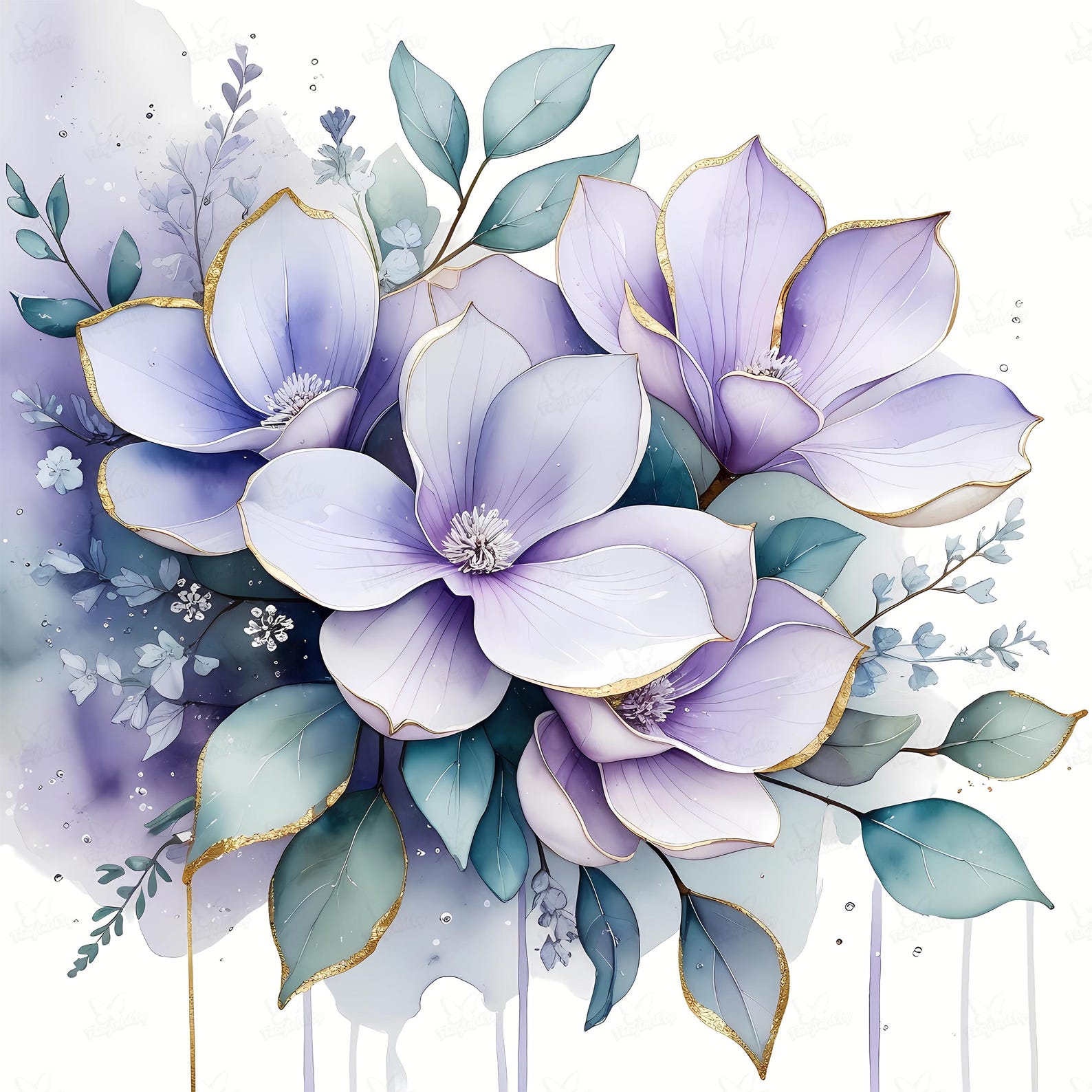 Frozen Lilac Magnolia Clipart 18 PNG, Watercolor Purple Floral ...