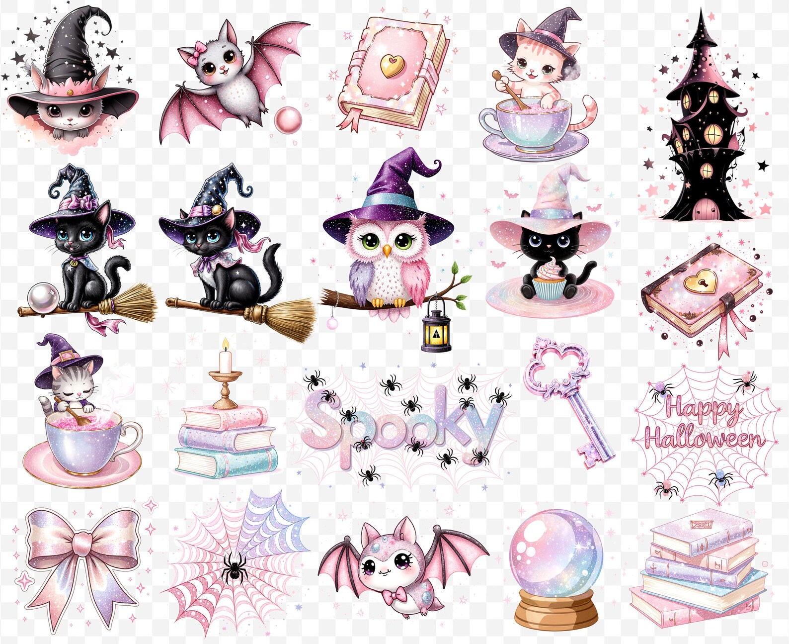 Pastel Halloween Clipart Set With Magical Witches and Cat (40 PNG) - Etsy