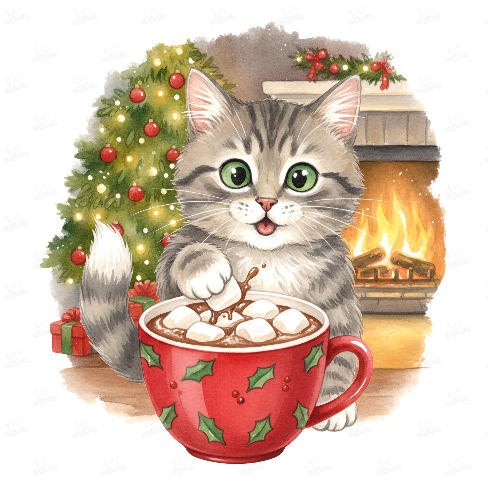 Christmas Cat Watercolor Clipart: Holiday Cocoa PNG (digital Download ...
