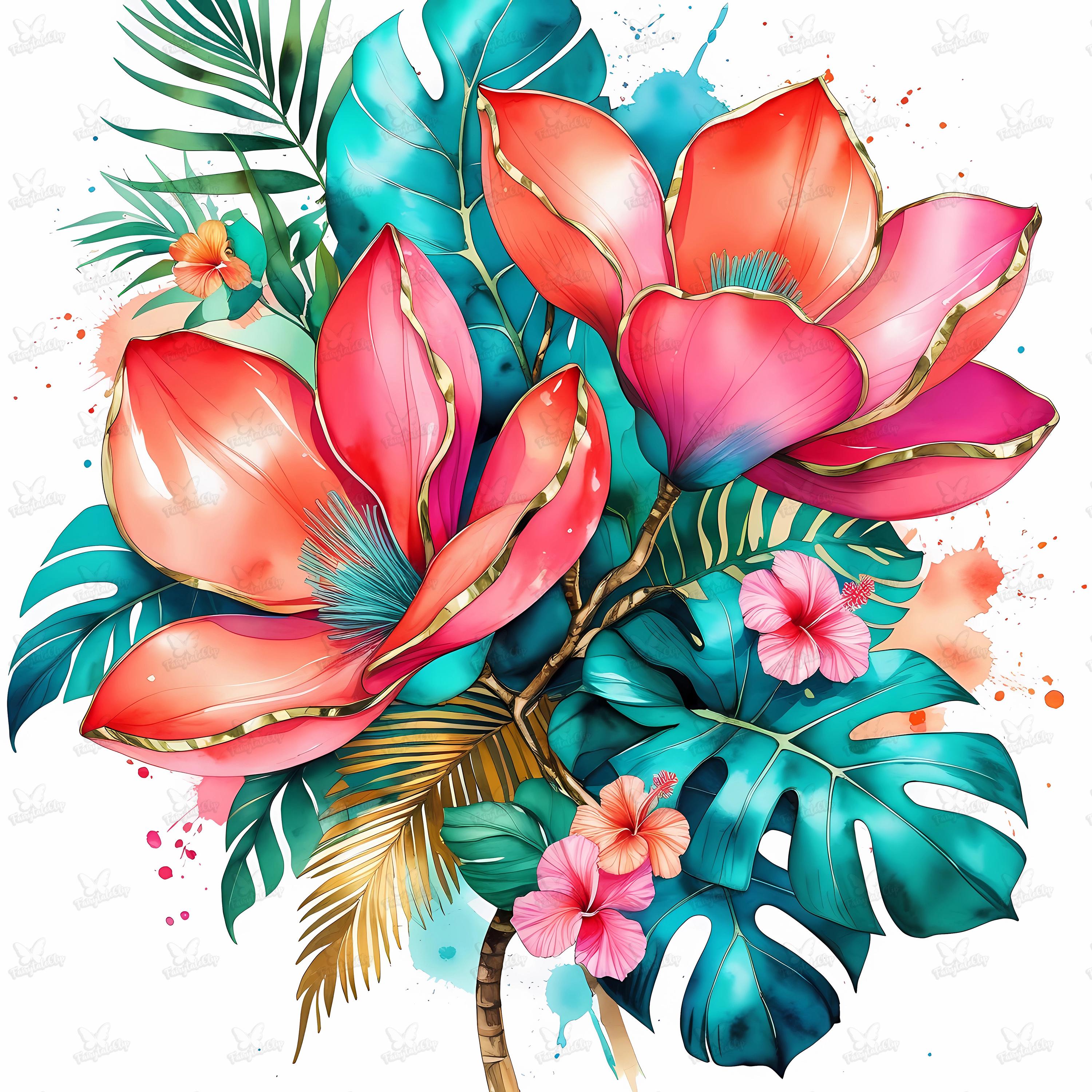 18 Neon Tropical Magnolia Bouquet Watercolor Clip Art | Exotic Summer ...