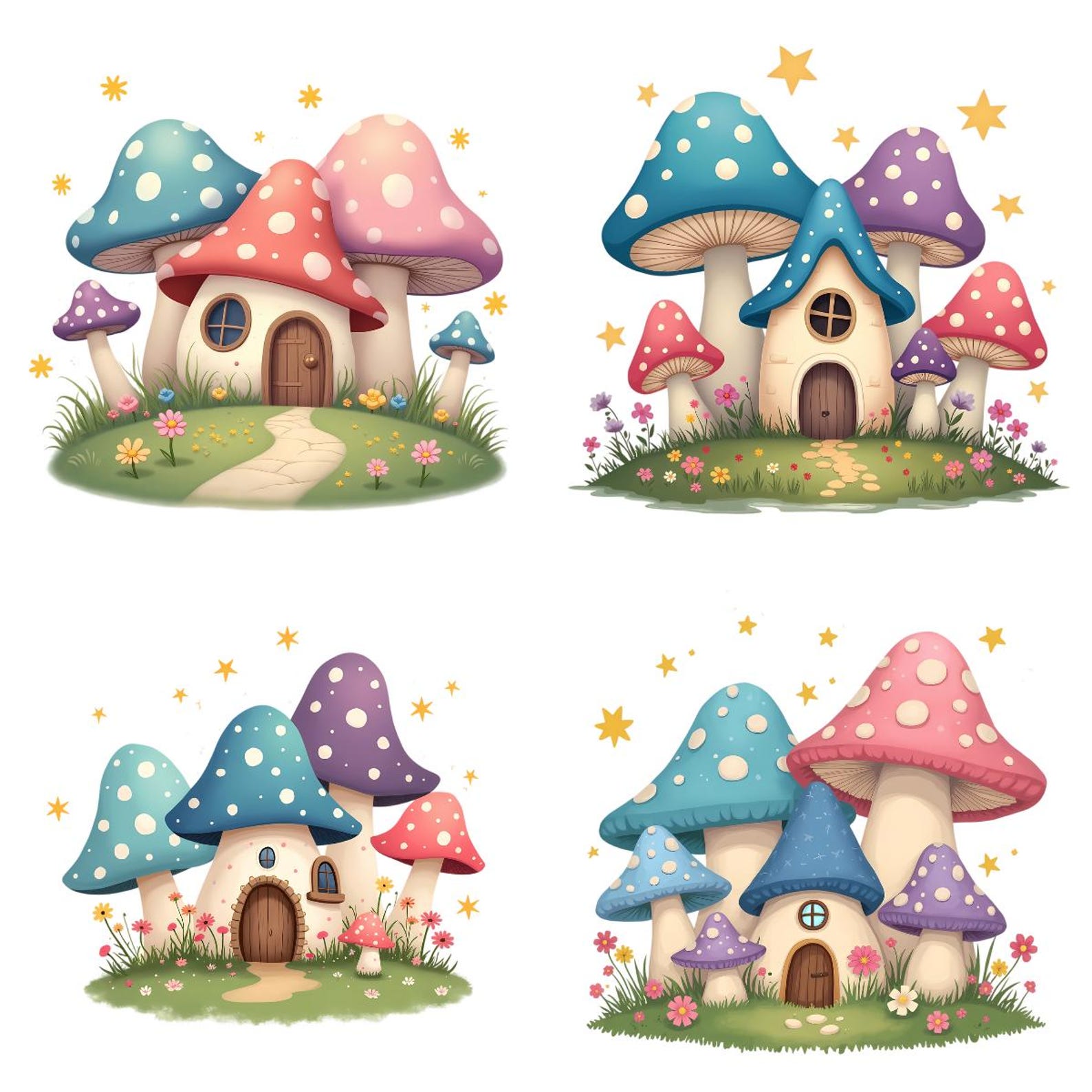 21 Whimsical Fairy Mushroom House Clipart, Cute Kids Room Wall Art ...