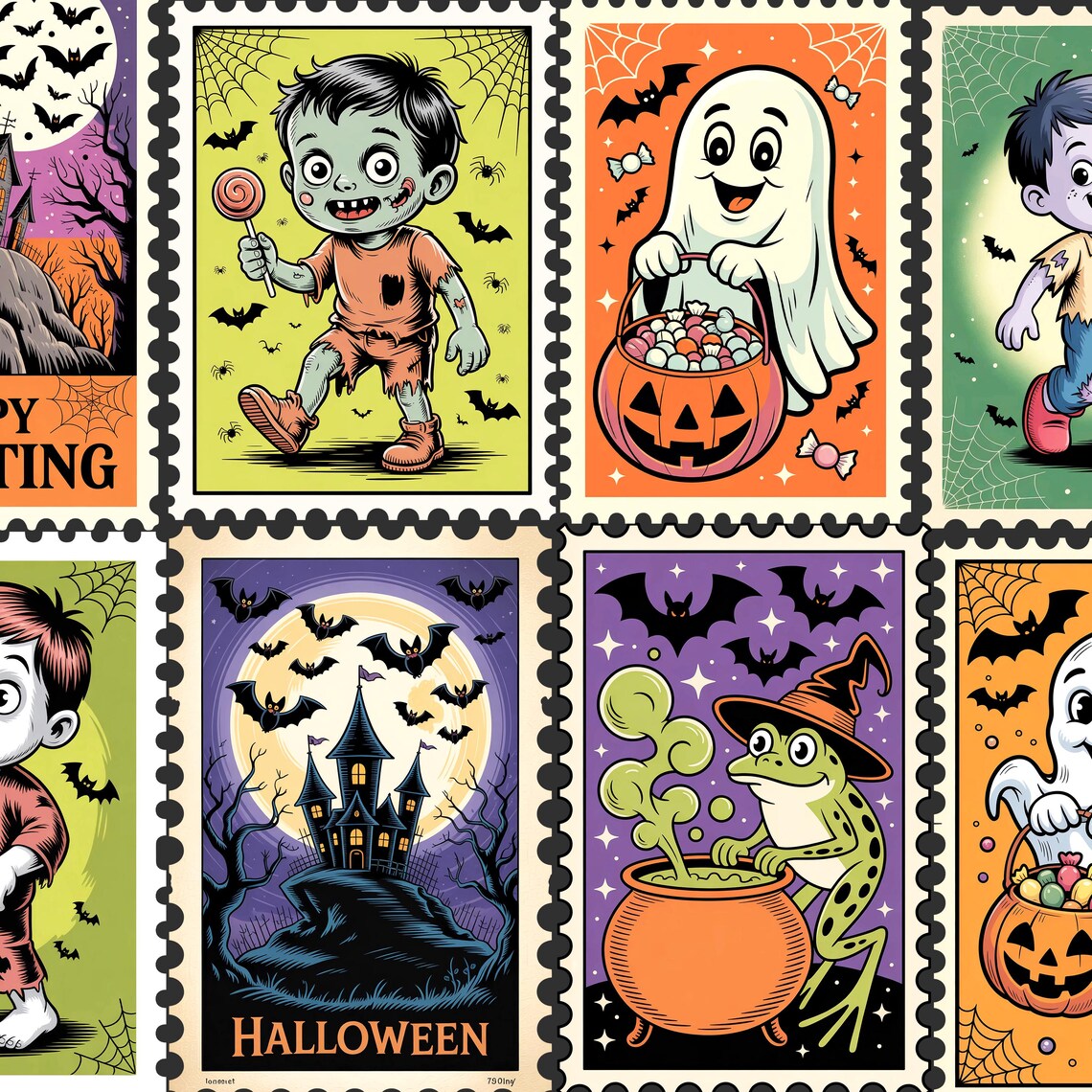Cute Halloween Stamps: Trick or Treat Ghost & Zombie Art (12 PNG) - Etsy
