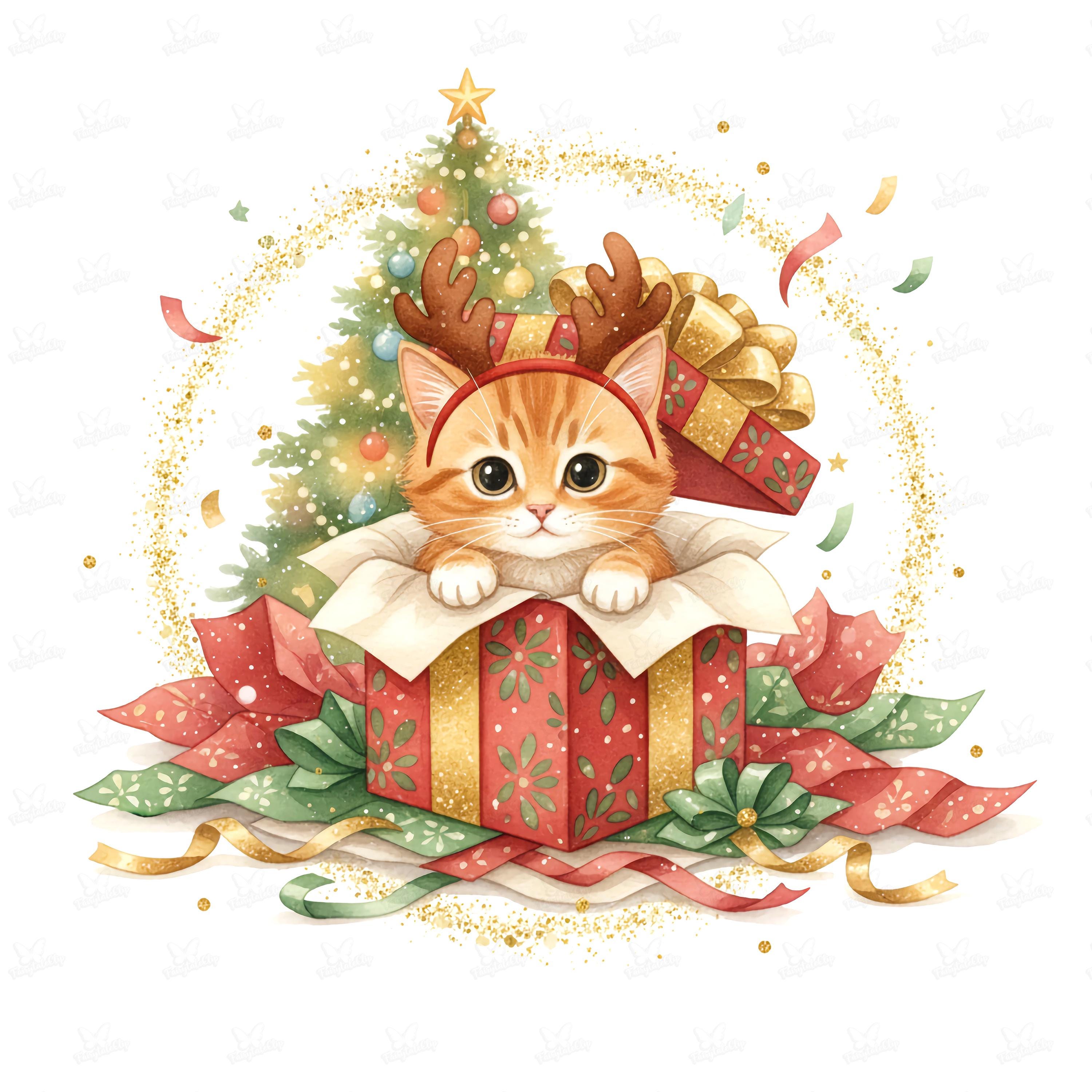 12 Christmas Cat in Gift Box: Cute Holiday Surprise Clipart - Etsy