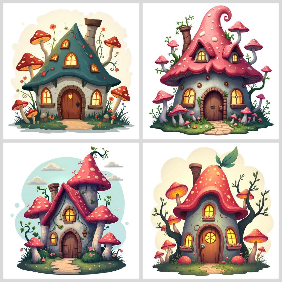 Mushroom House Clipart: 18 Whimsical Cottage 18 PNG Images (digital ...