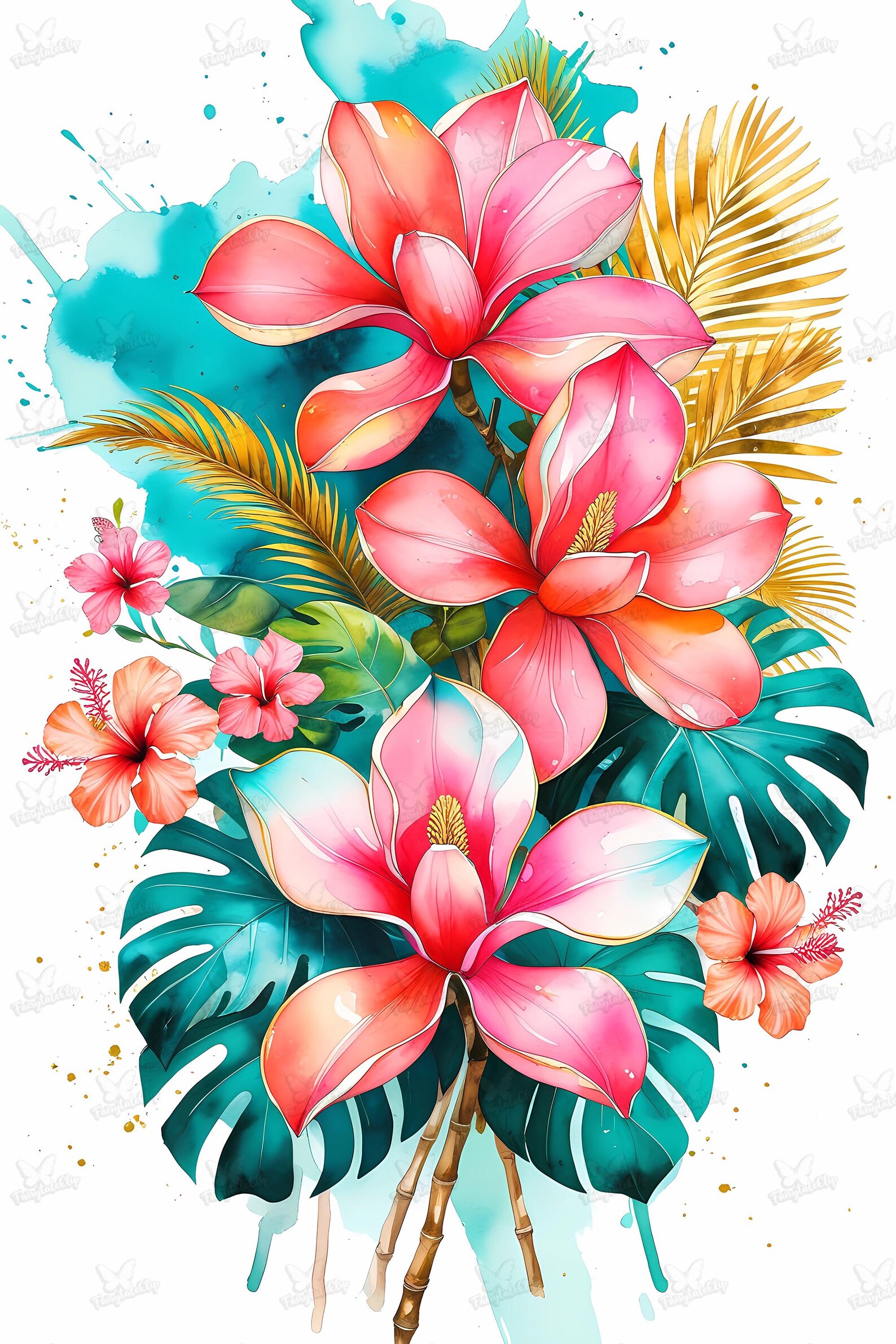 18 Neon Tropical Magnolia Bouquet Watercolor Clip Art | Exotic Summer ...