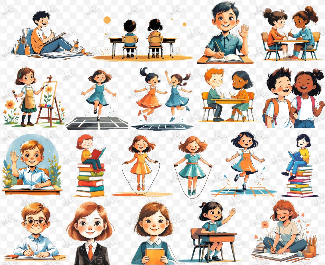 Diverse Student Clipart: Vintage Storybook Kids, School Scenes (80 PNG ...