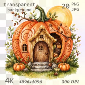 20 Pumpkin House Clipart | Cozy Fall PNG / JPG Bundle | Thatched Roof ...