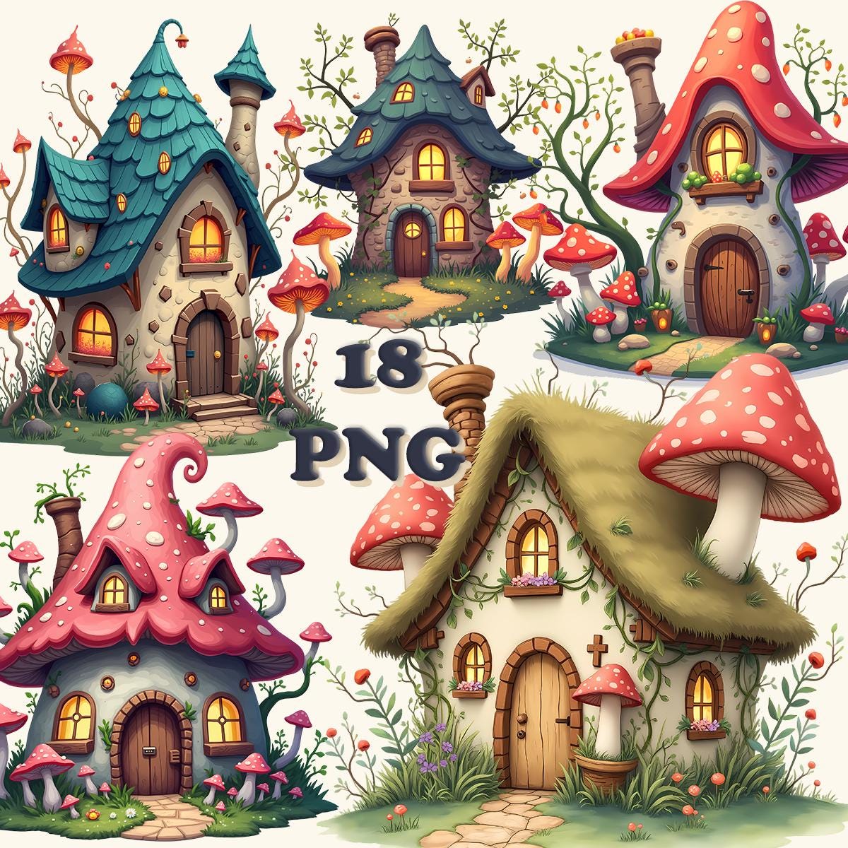 Mushroom House Clipart: 18 Whimsical Cottage 18 PNG Images (digital ...