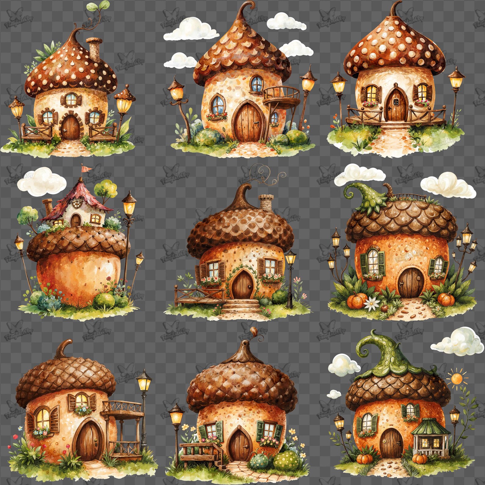 Acorn House Clipart Bundle: Whimsical Watercolor Woodland Art (18 PNG ...